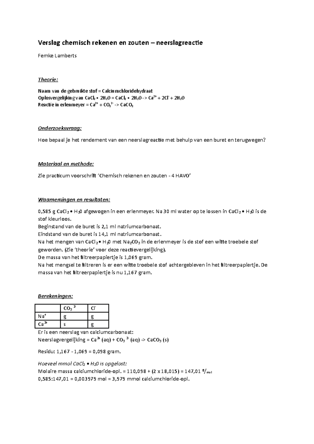 Verslag Neerslagreactie en Rendement - Chemisch Rekenen - 4 HAVO ...
