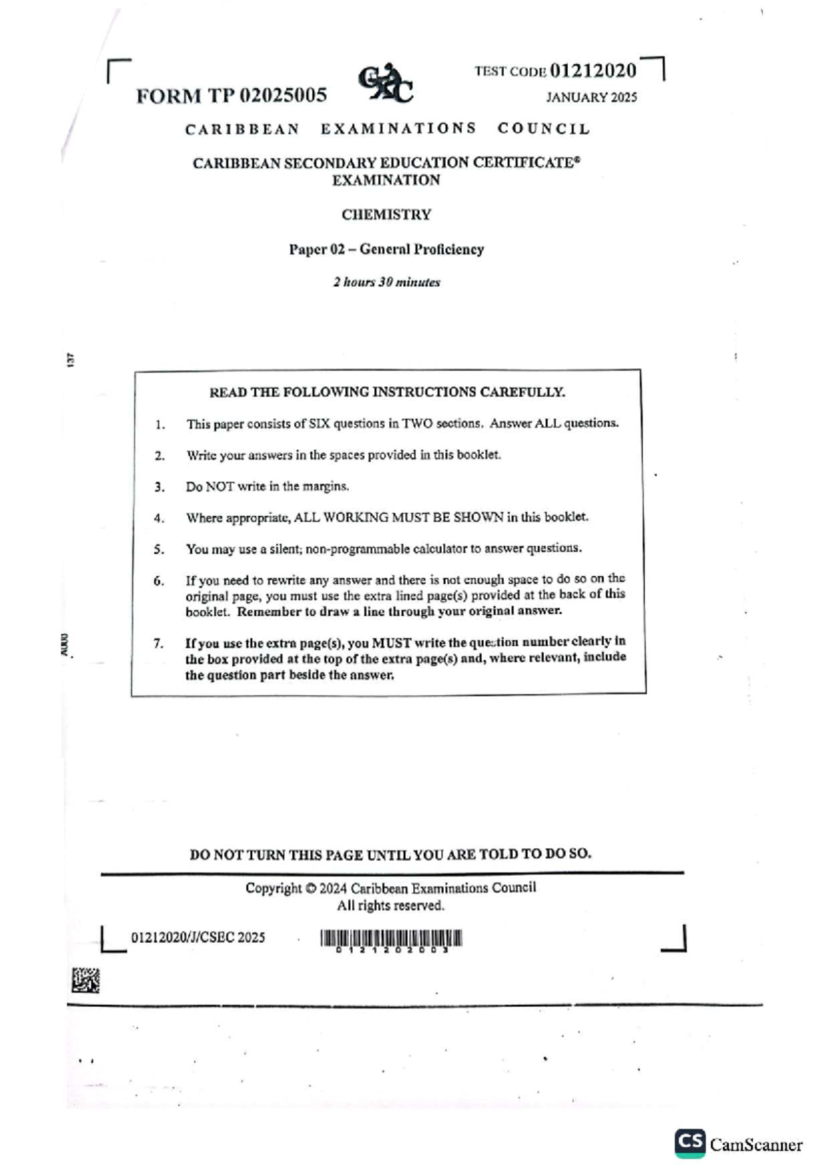 Chemistry CSEC Exam Paper - General Proficiency January 2025 - Studocu