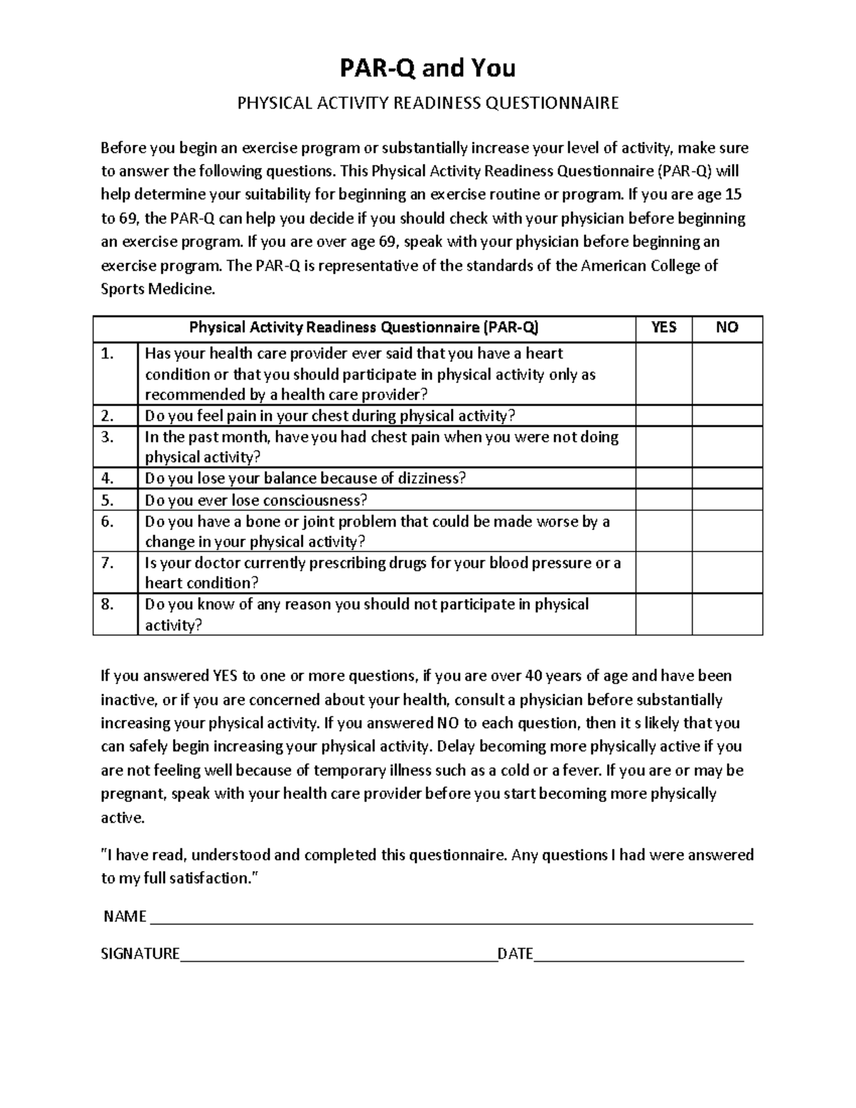 PAR-Q - PAR-Q questionnaire - PAR-Q and You PHYSICAL ACTIVITY READINESS ...
