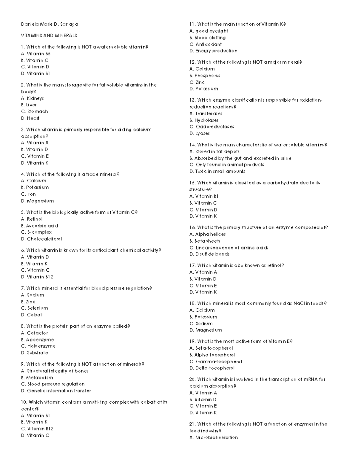 MCQ on Vitamins and Minerals - Course Code: VIT101 - Studocu