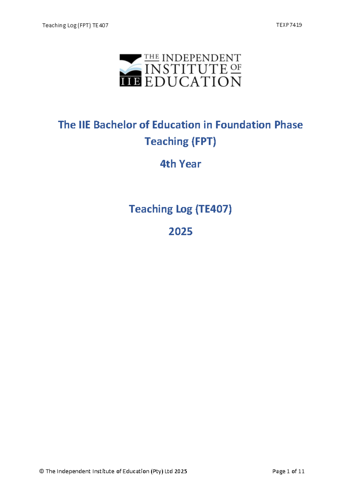 TEXP7419 TE407 Teaching Log for Foundation Phase Teaching (FPT) 2025 ...