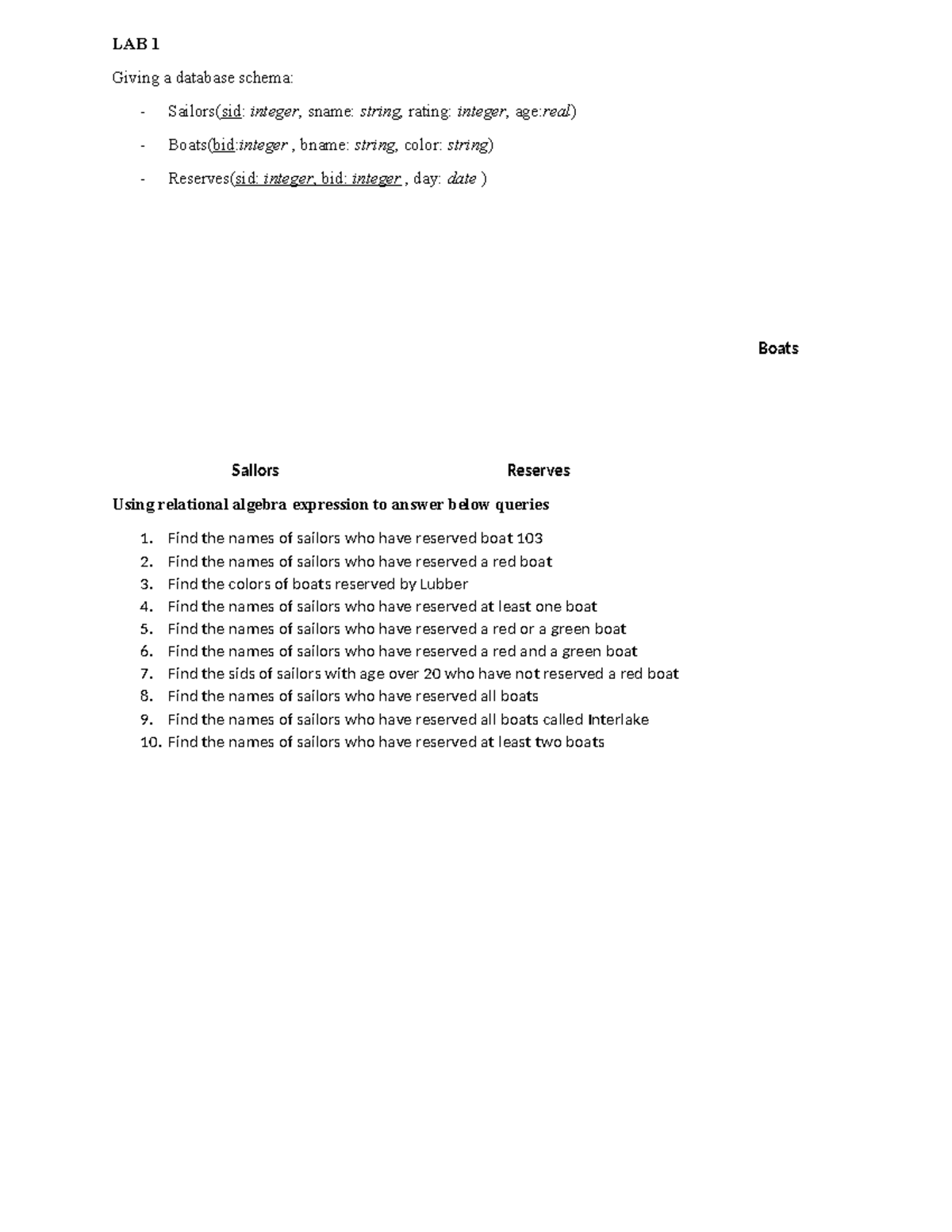 Lab1 - dbi202 - ngadt - LAB 1 Giving a database schema: - Sailors(sid ...