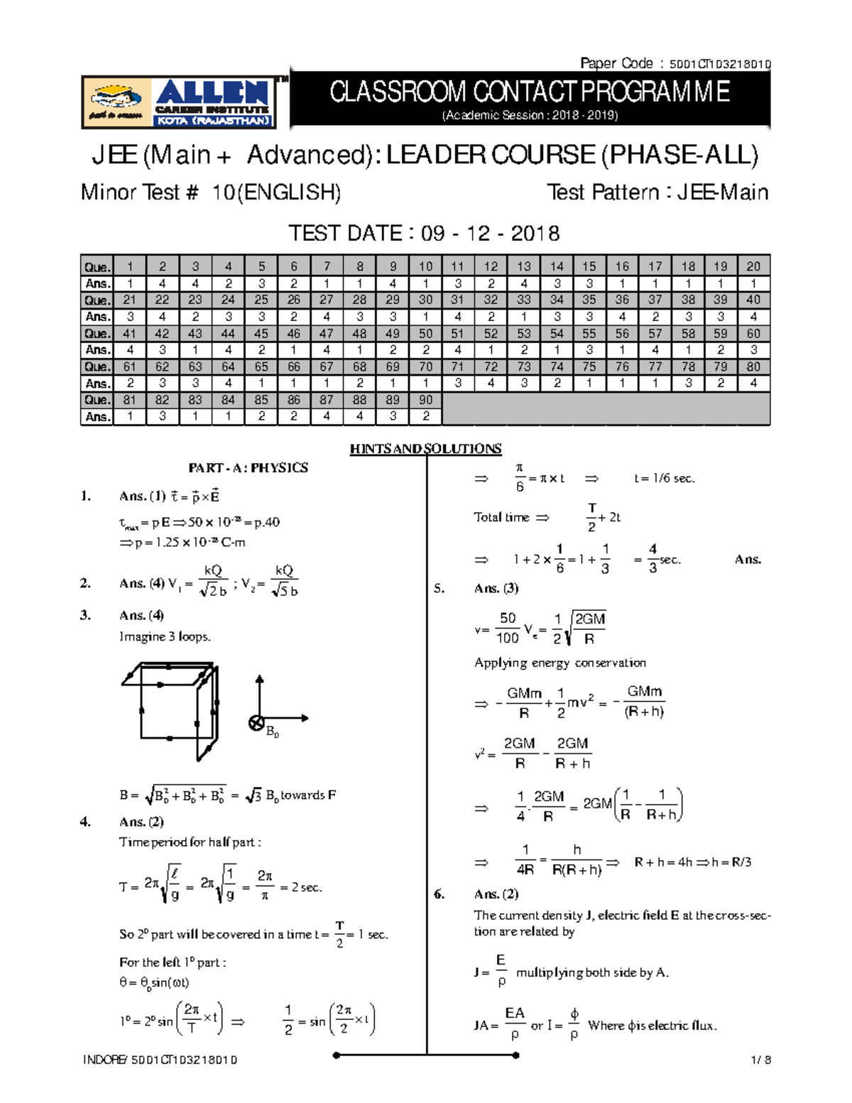 JEE (Main Advanced) Leader Course Minor Test 10 Solutions - Studocu