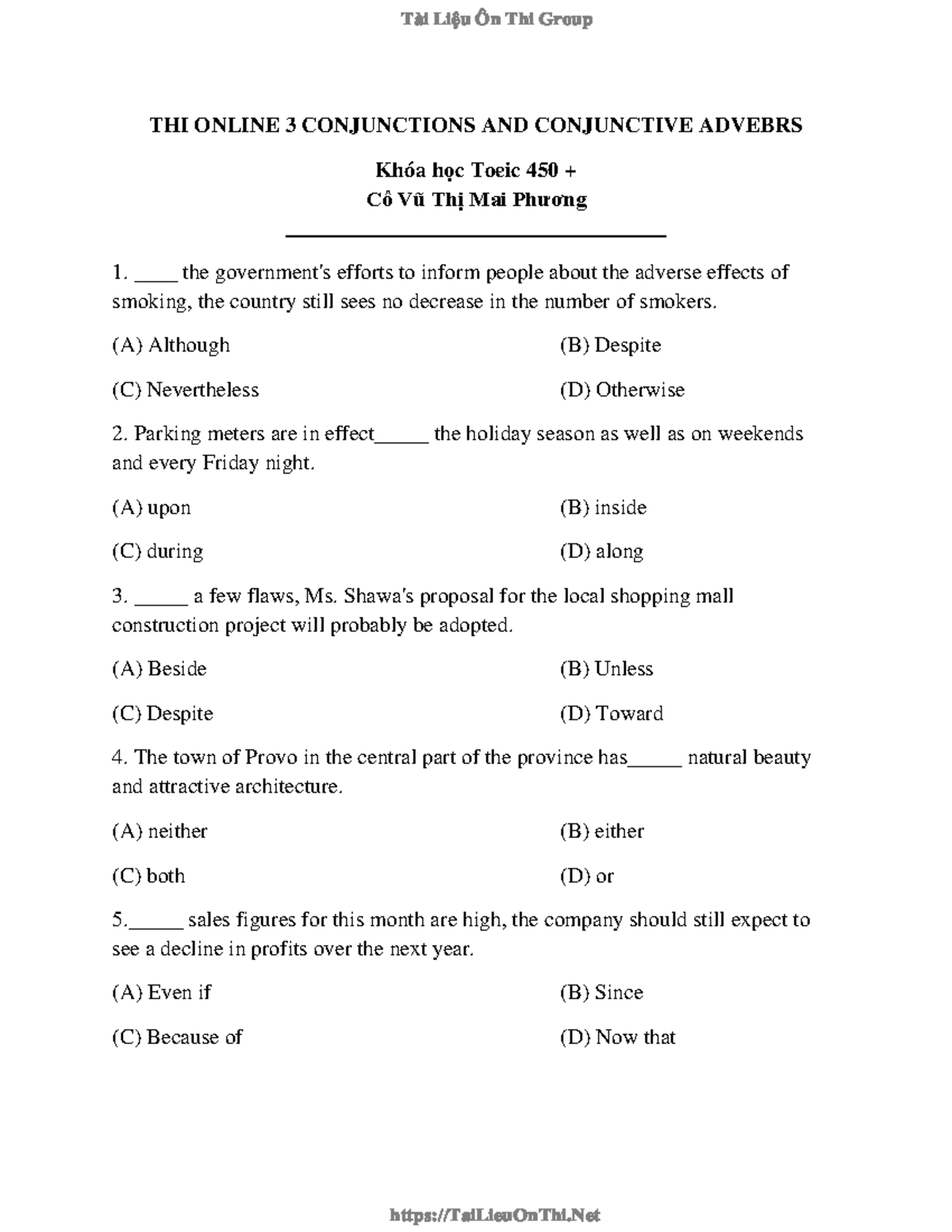 Tài Liệu Ôn Thi Group THI ONLINE 3: Conjunctions & Conjunctive Adverbs ...
