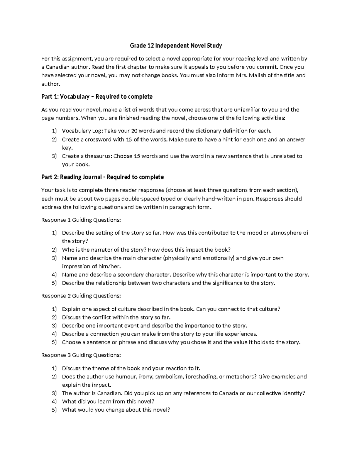 Grade 12 Independent Novel Study Assignment Guide - Studocu