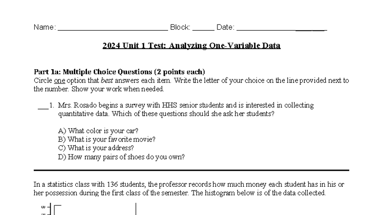 Prob & Stats Unit 1 Test Review: Analyzing Data & MCQs 2025 - Studocu
