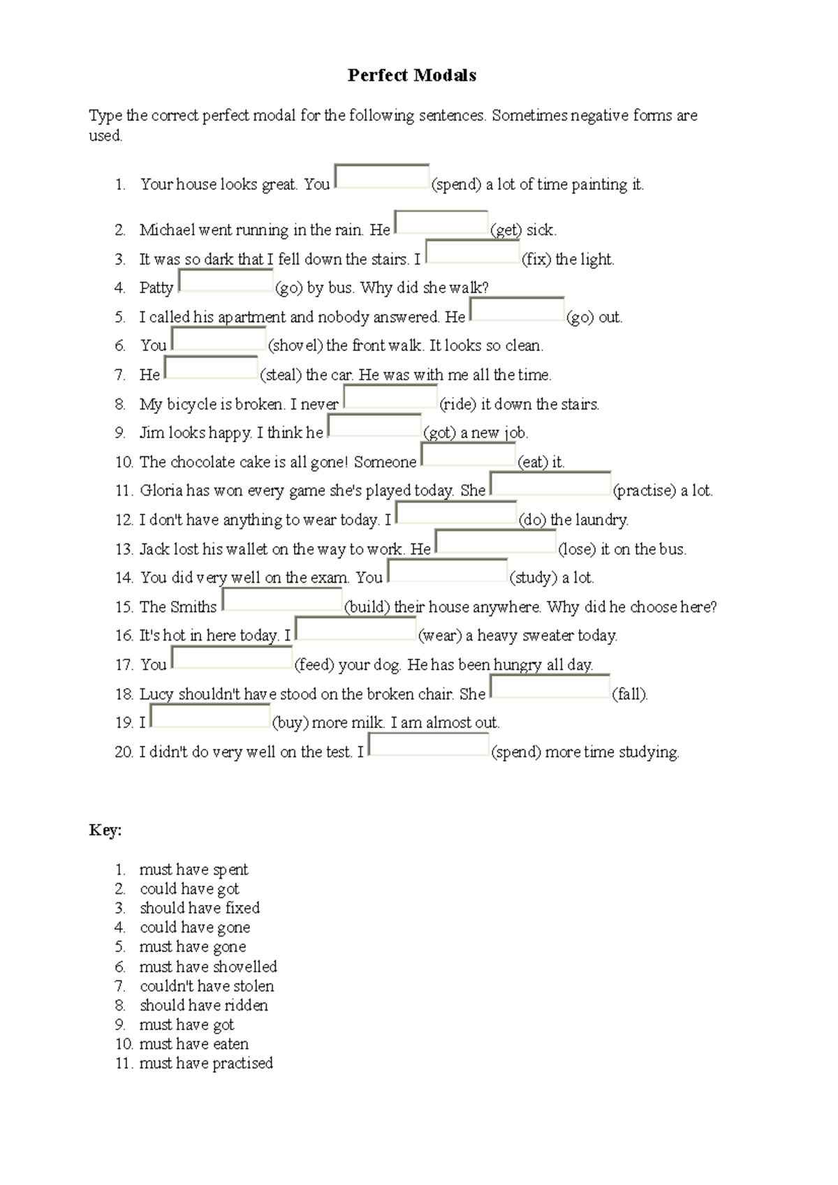 Perfect Modals Exercise Key - Answer Guide - Studocu