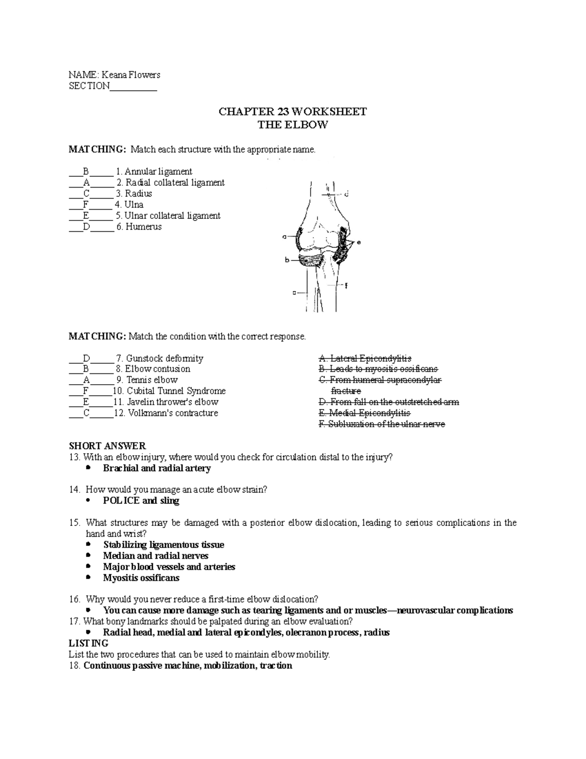 Domain 2 - Chapter 23 Elbow Anatomy & Injury Management Worksheet - Studocu