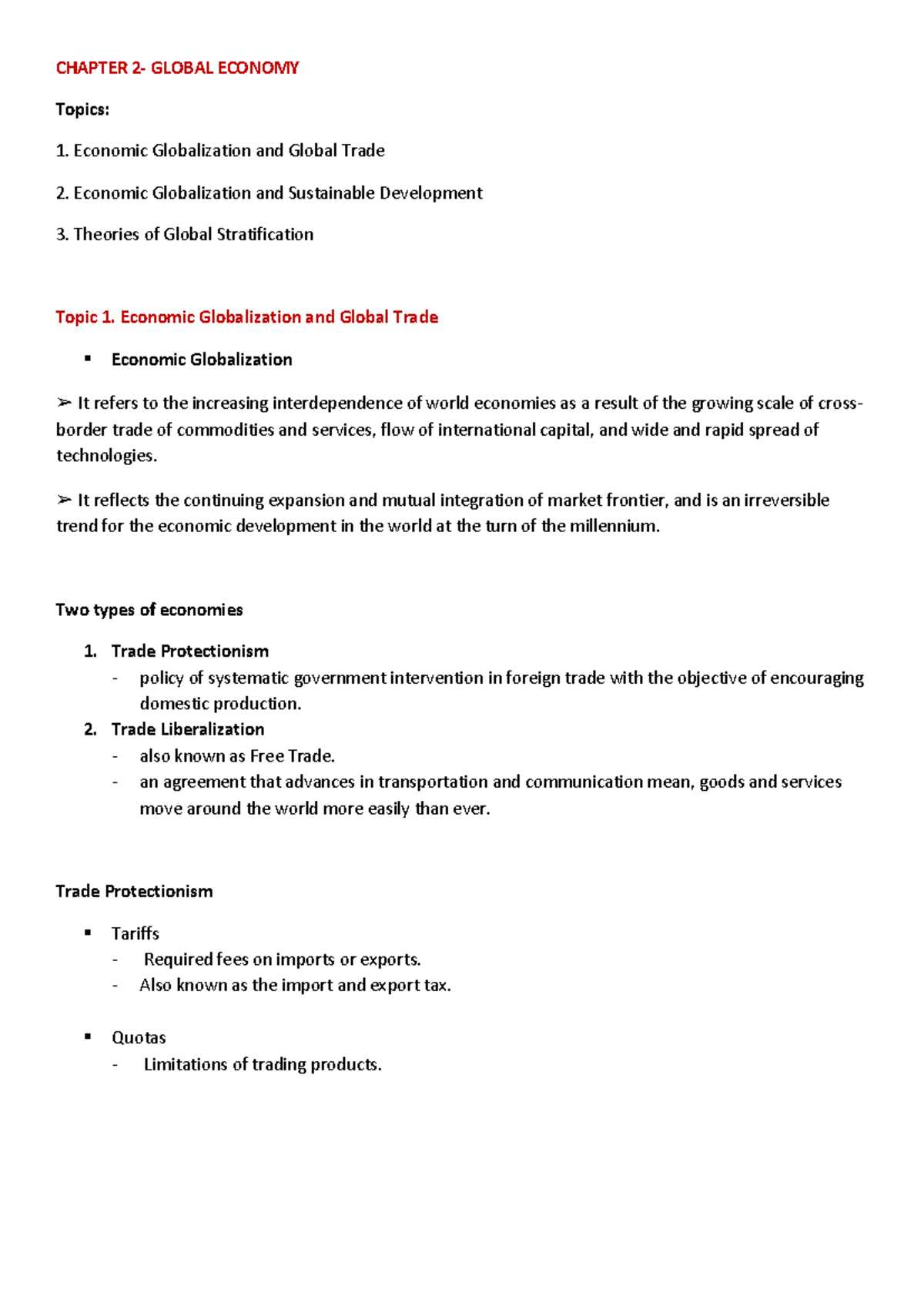 Chapter 2 - Global Economy: Outline & Key Themes on Globalization - Studocu