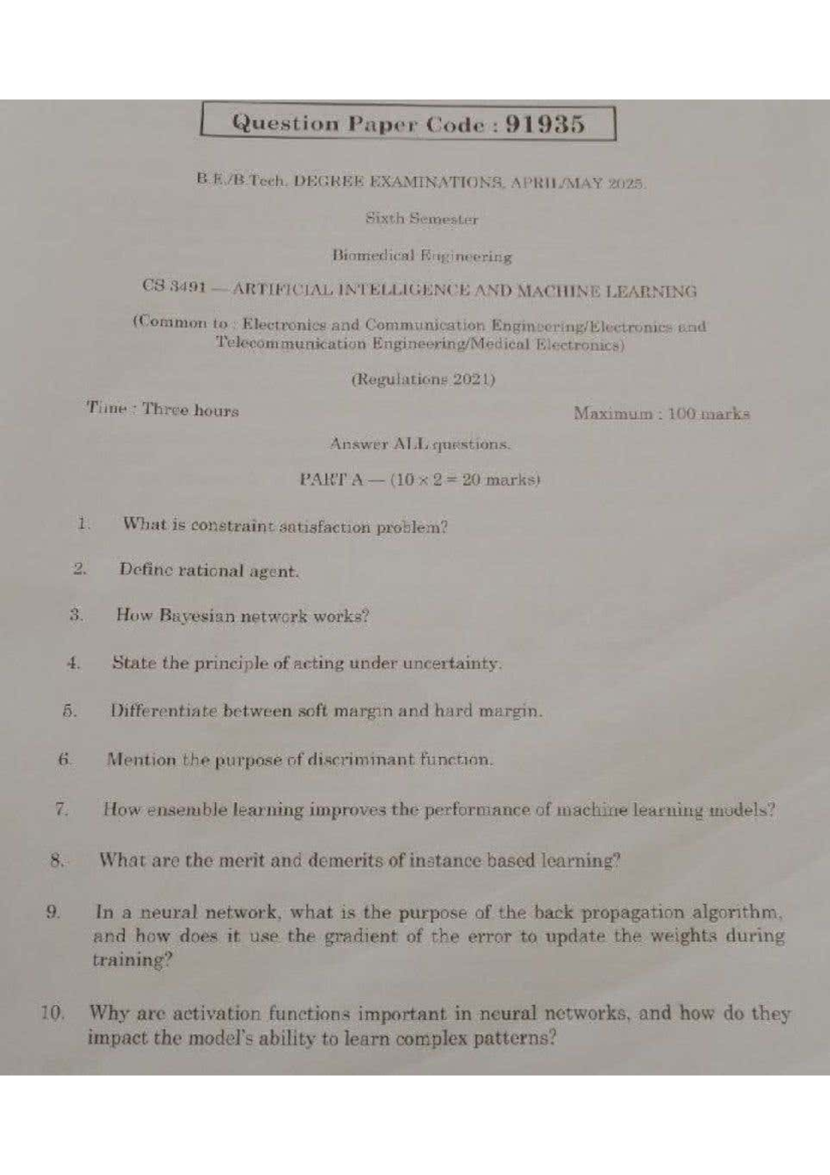 CS 3491 Final Exam Question Paper - AI & Machine Learning 2025 - Studocu