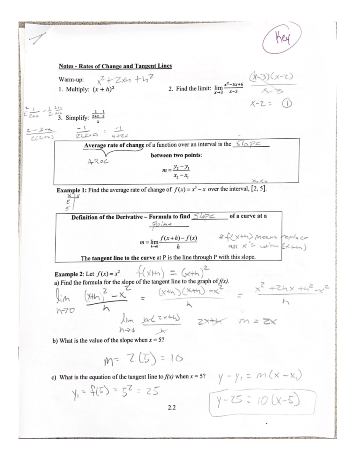 Notes - Rates of Change and Tangent Lines - Multiply: 2. Find the limit ...