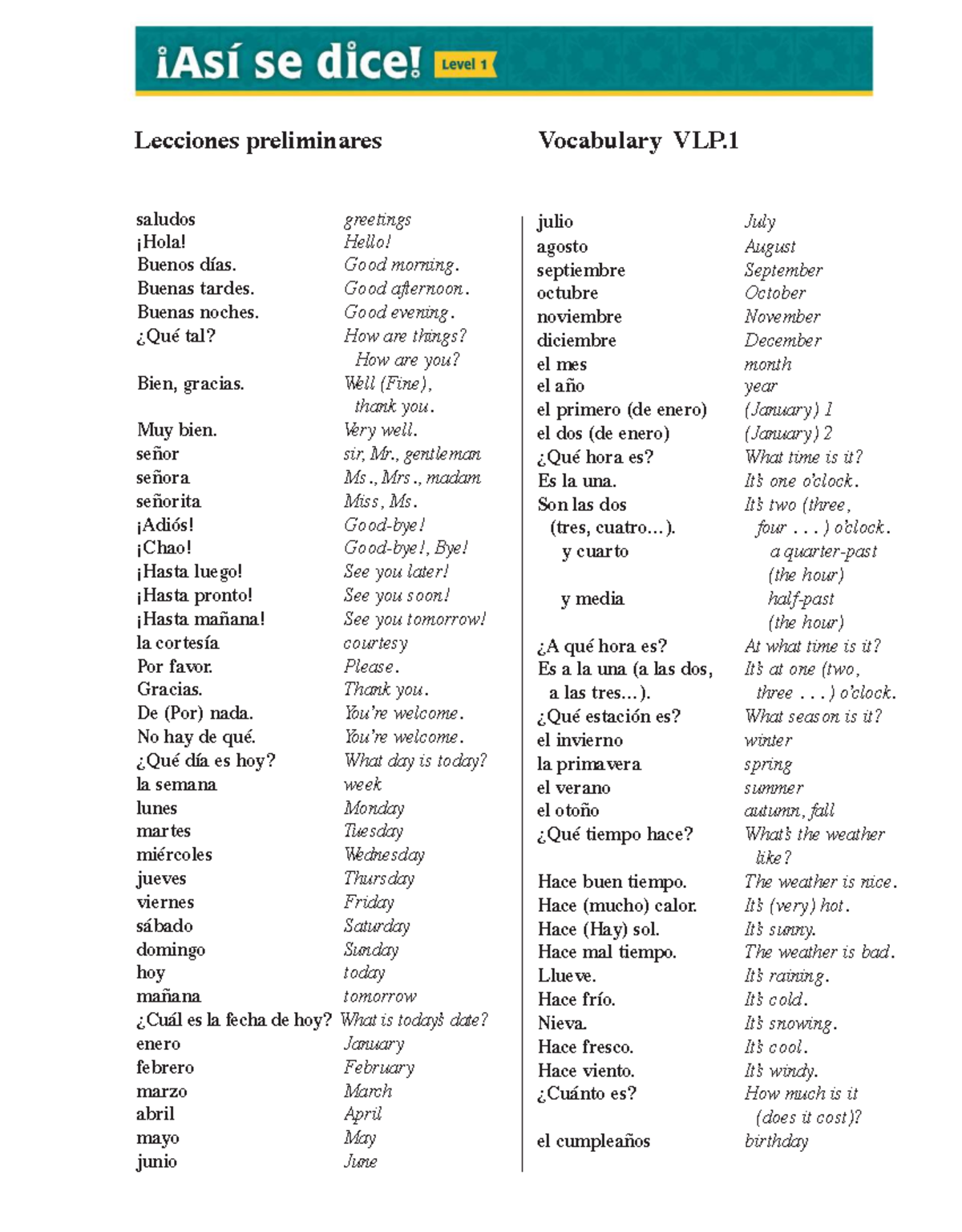 VLP.1 Lecciones Preliminares: Vocabulary List for Spanish Class - Studocu