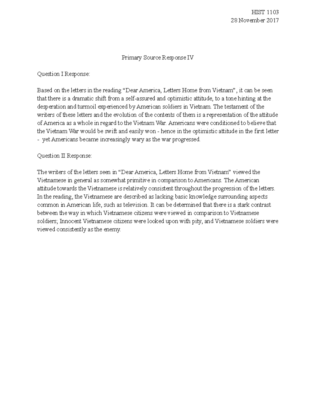 HIST 1103 Primary Source Response II: Analysis of Vietnam Letters - Studocu