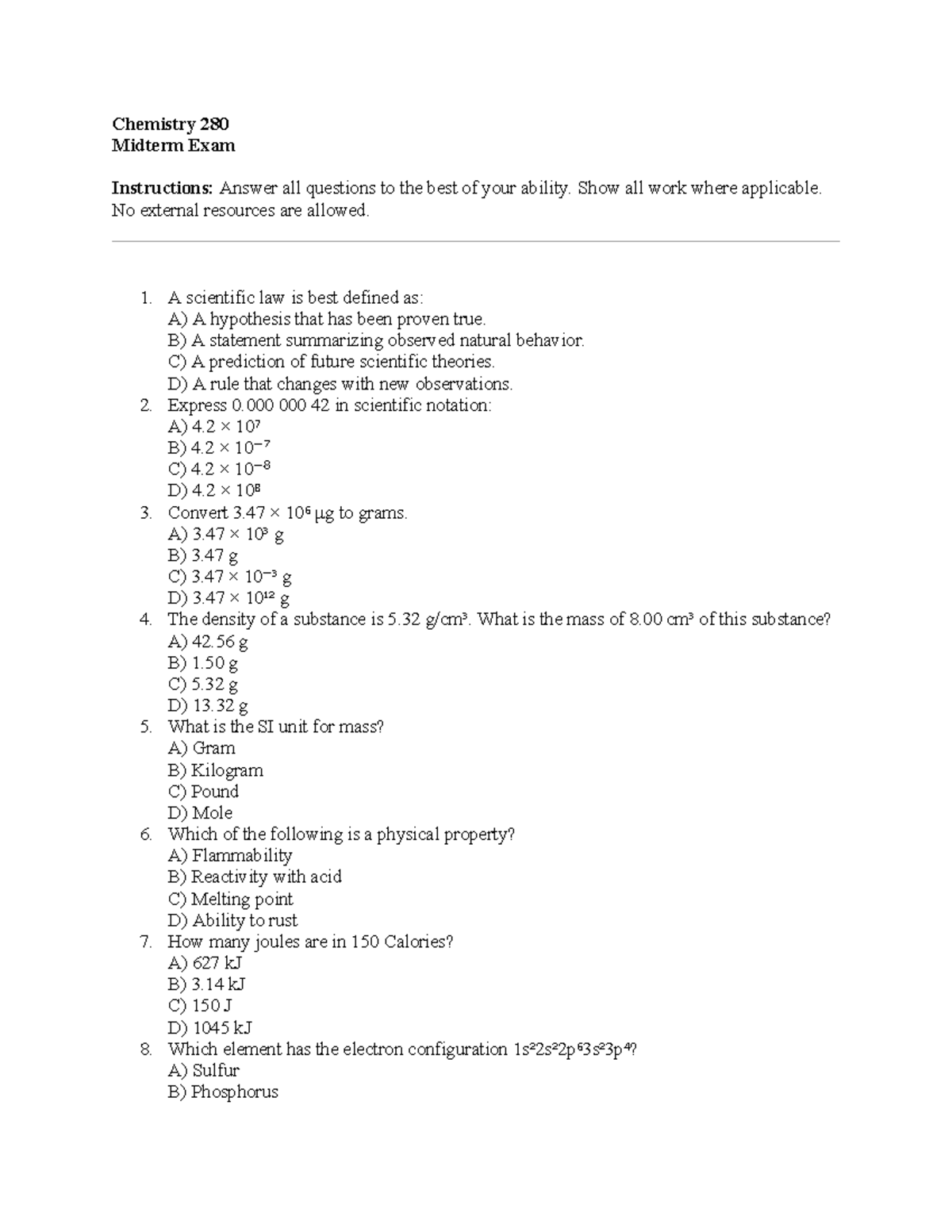 Chem Midterm Mock 3 - mock exam - Chemistry 280 Midterm Exam ...