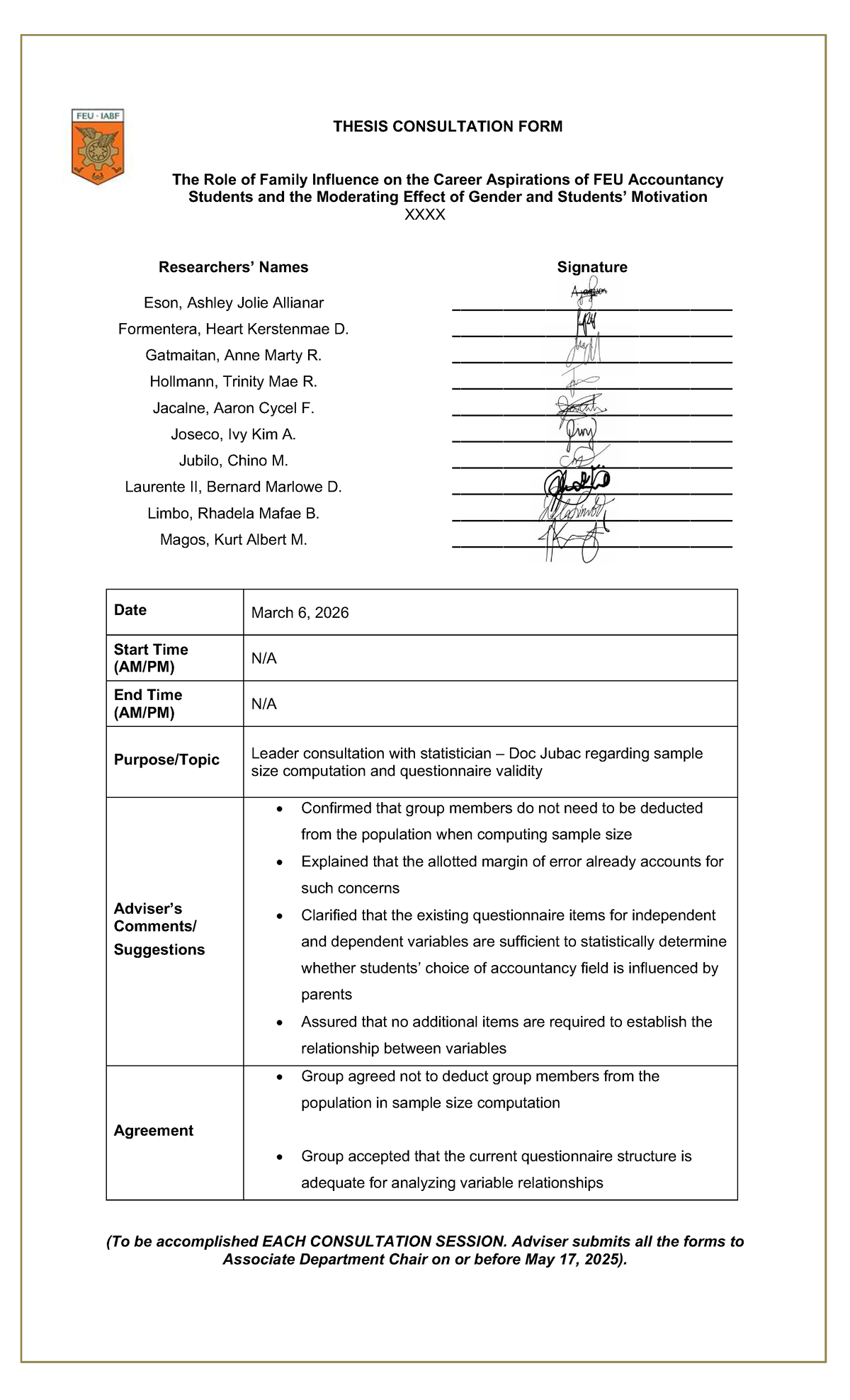THESIS CONSULTATION FORM: Family Influence on Career Aspirations in FEU ...