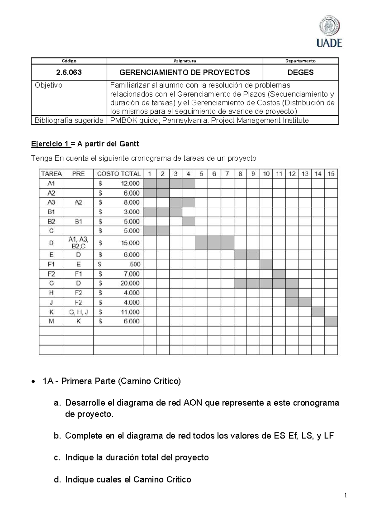 Ejercicio Integral sobre Gerenciamiento de Proyectos 2.6.063 - Studocu