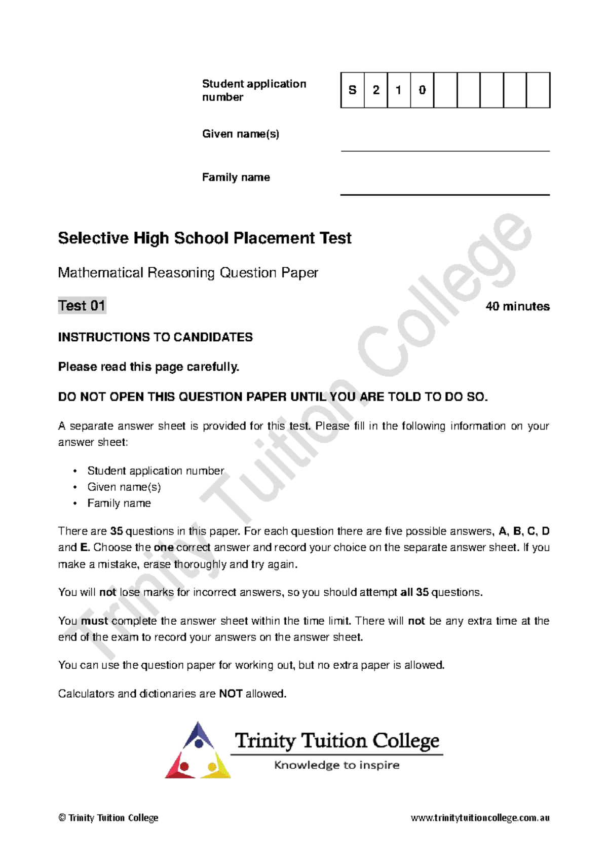 Maths Test 10 - Selective High School Placement Exam - Studocu
