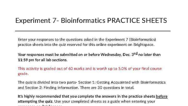 Practice Sheets for Experiment 7: Bioinformatics BIOL 1P91 - Studocu