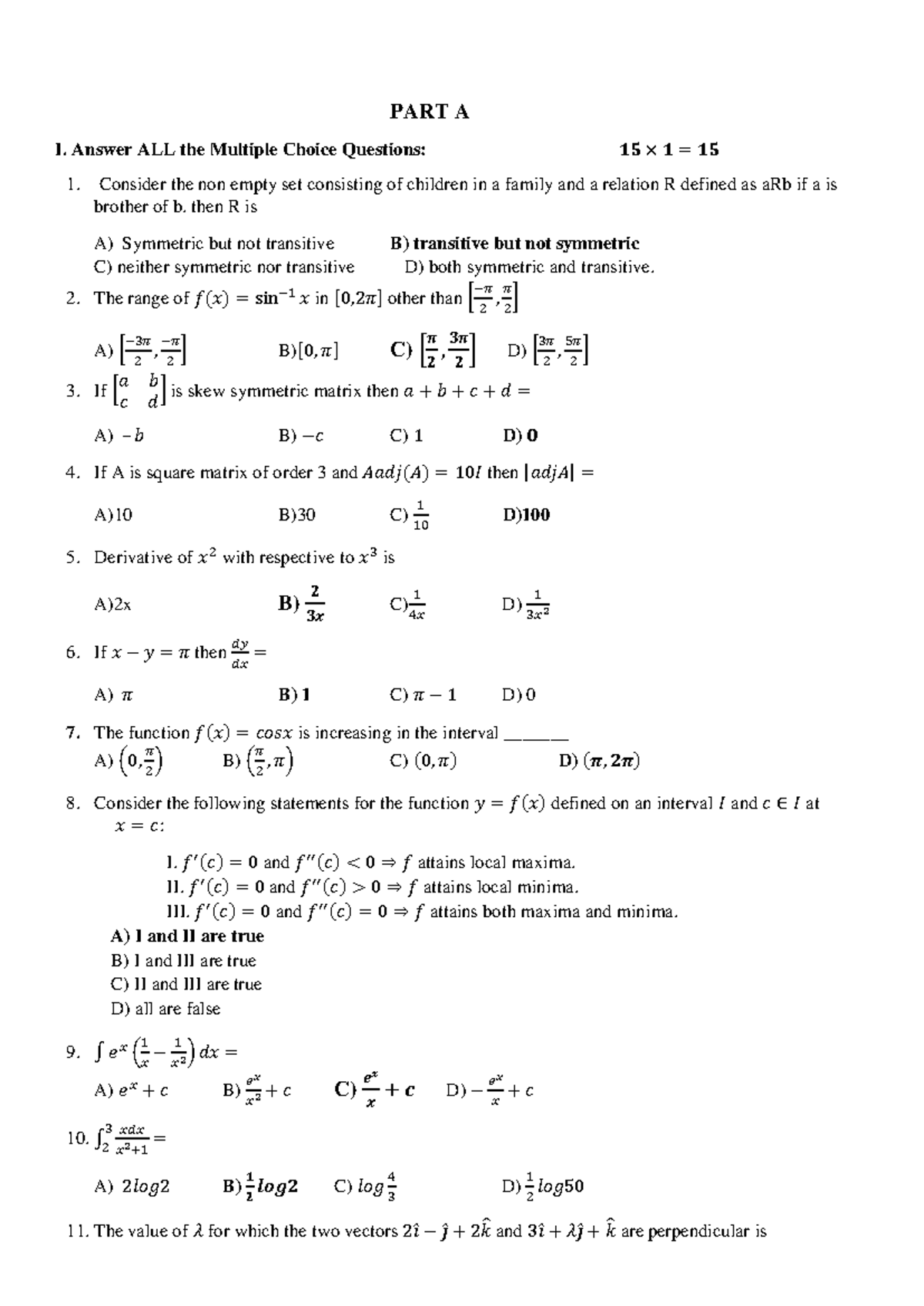 Mathematics Preparatory Course: Key Answers for MCQs and Problems - Studocu