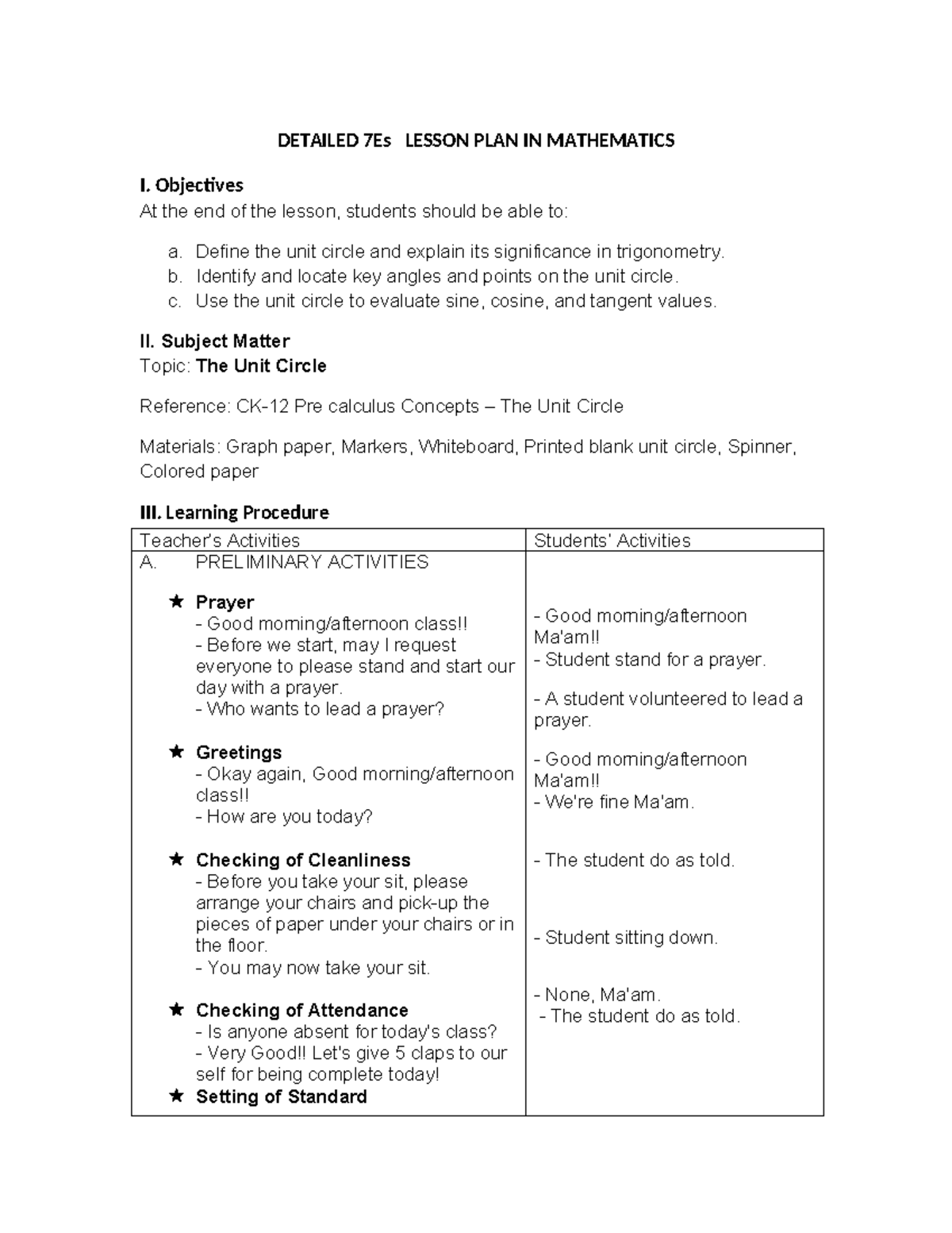 7Es Lp - 7es Lesson Plan Unit Circle - DETAILED 7Es LESSON PLAN IN ...