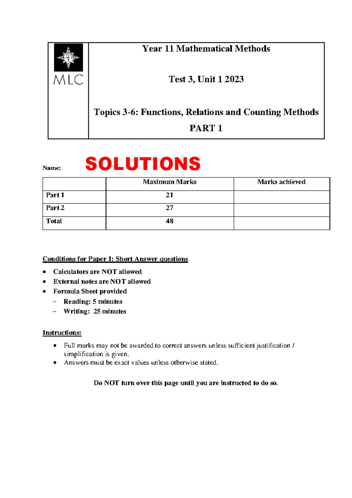 2023 Year 11 Mathematical Methods Test 3 Part 1 Solutions - Studocu