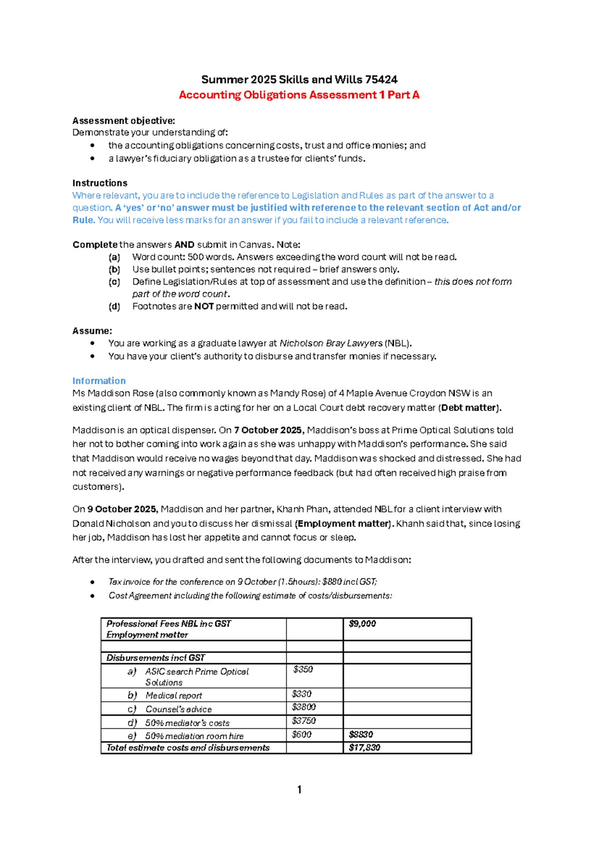 Summer 2025 Skills and Wills 75424 Accounting Obligations Assessment 1 ...
