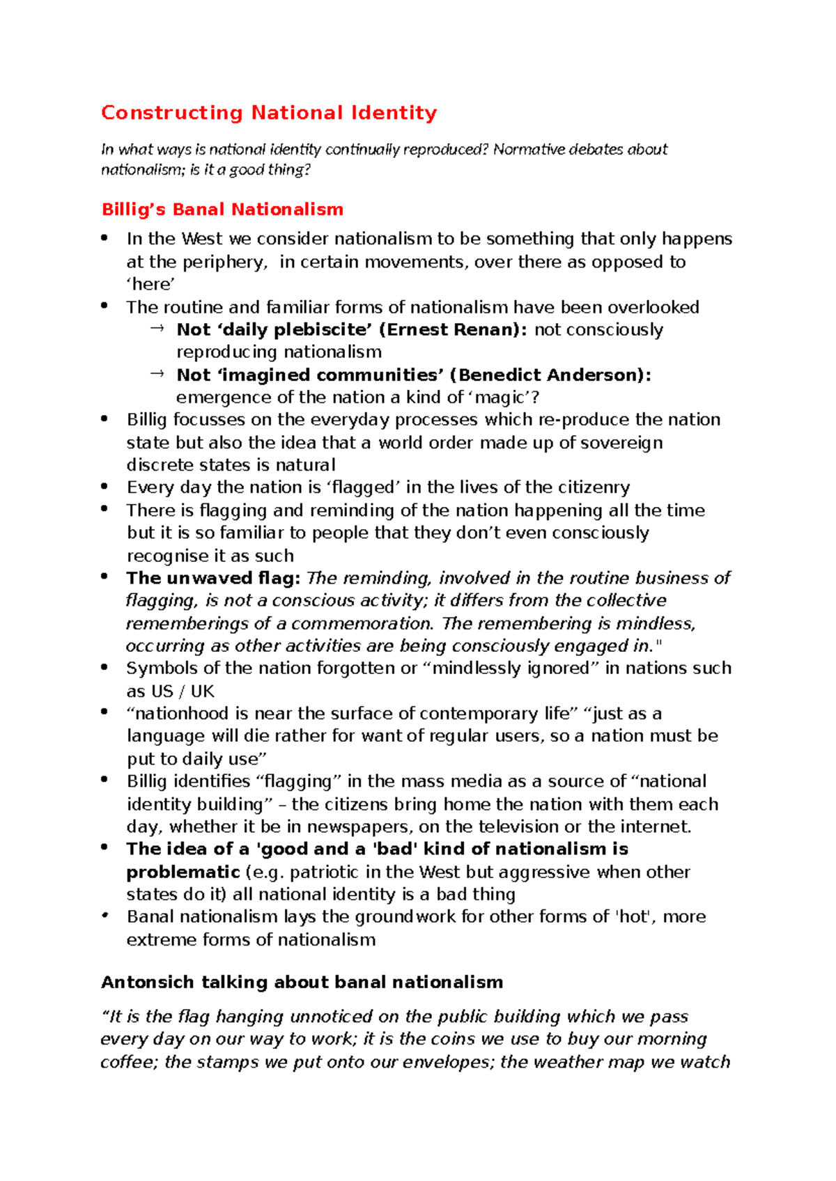 End of Semester Test - Notes on National Identity & Banal Nationalism ...