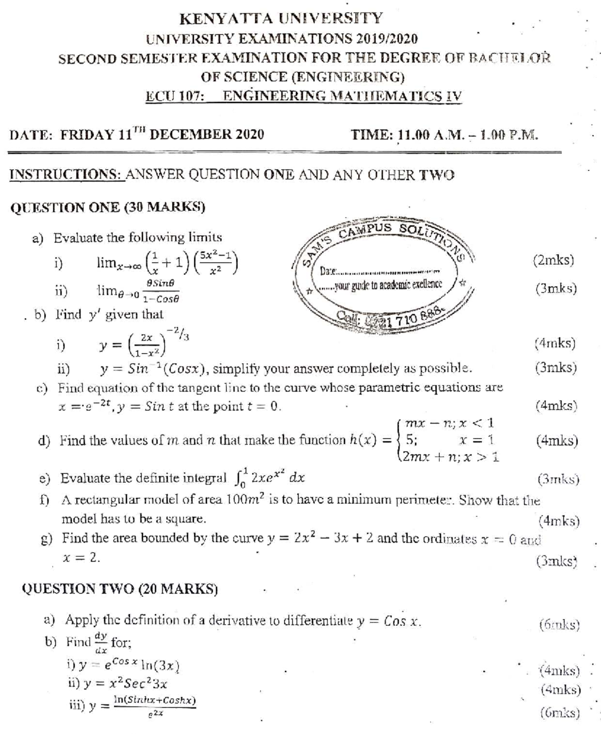 ECU 107: Engineering Mathematics IV - Exam Solutions and Notes - Studocu