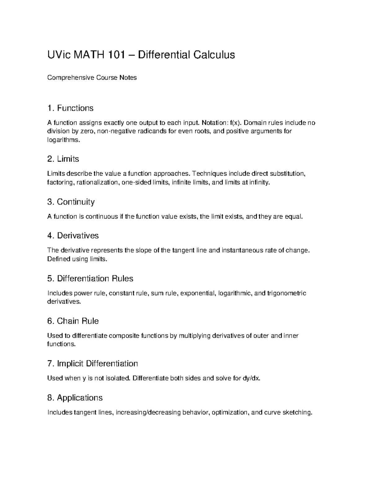 UVic MATH 101 Differential Calculus Comprehensive Notes - Studocu