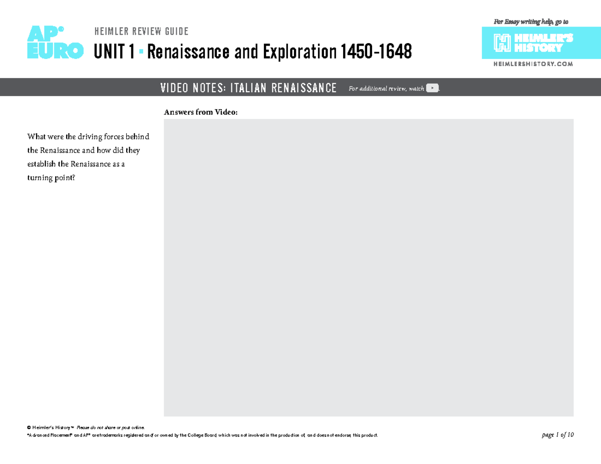 AP EURO HRG Unit 1: Renaissance & Exploration Video Notes - Studocu
