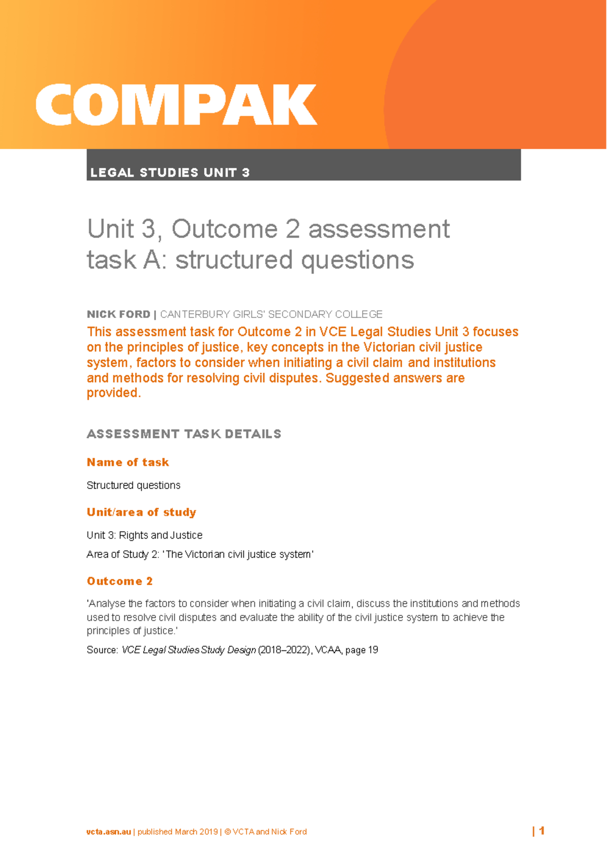 VCTA Unit 3 AOS 2 Part A Revision Worksheet - LEGAL STUDIES UNIT 3 Unit ...