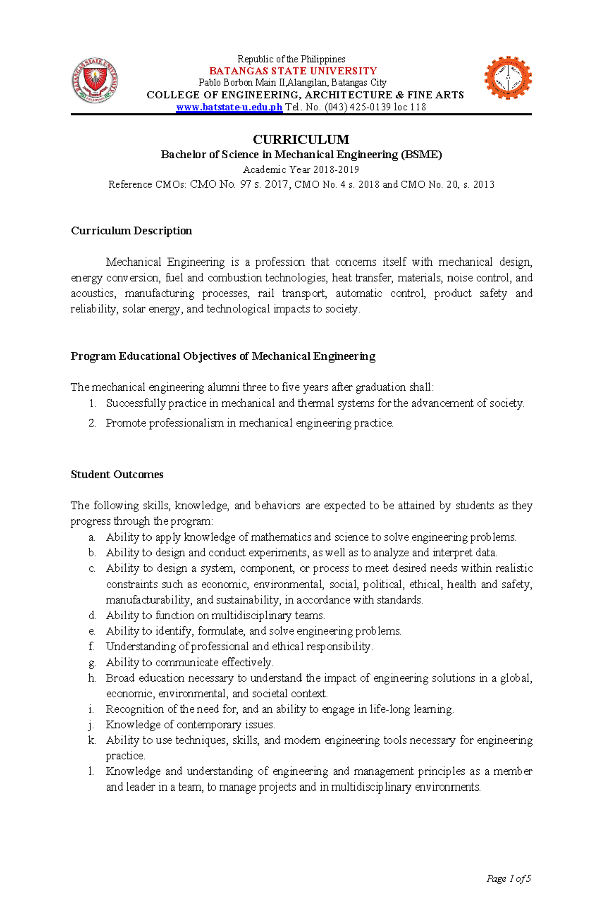 Bachelor of Science in Mechanical Engineering BSME - Republic of the Philippines BATANGAS STATE ...