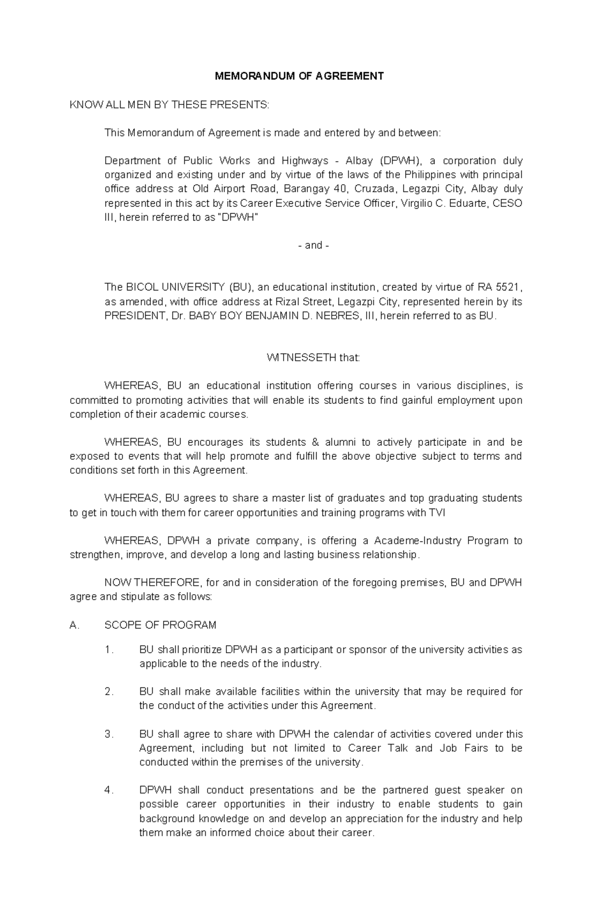 Memorandum of Agreement: BU & DPWH Partnership for Career Development ...