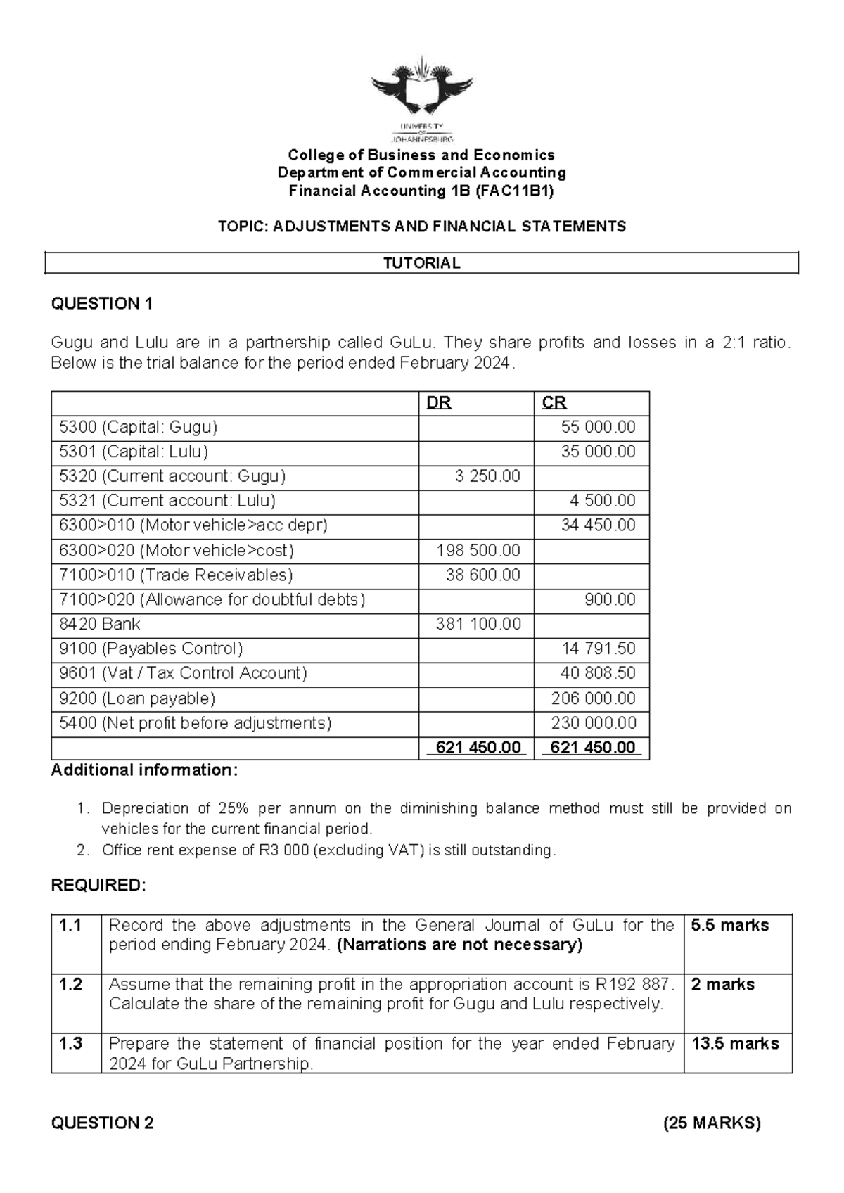 FAC11B1 Tutorial Questions: Adjustments & Financial Statements - Studocu