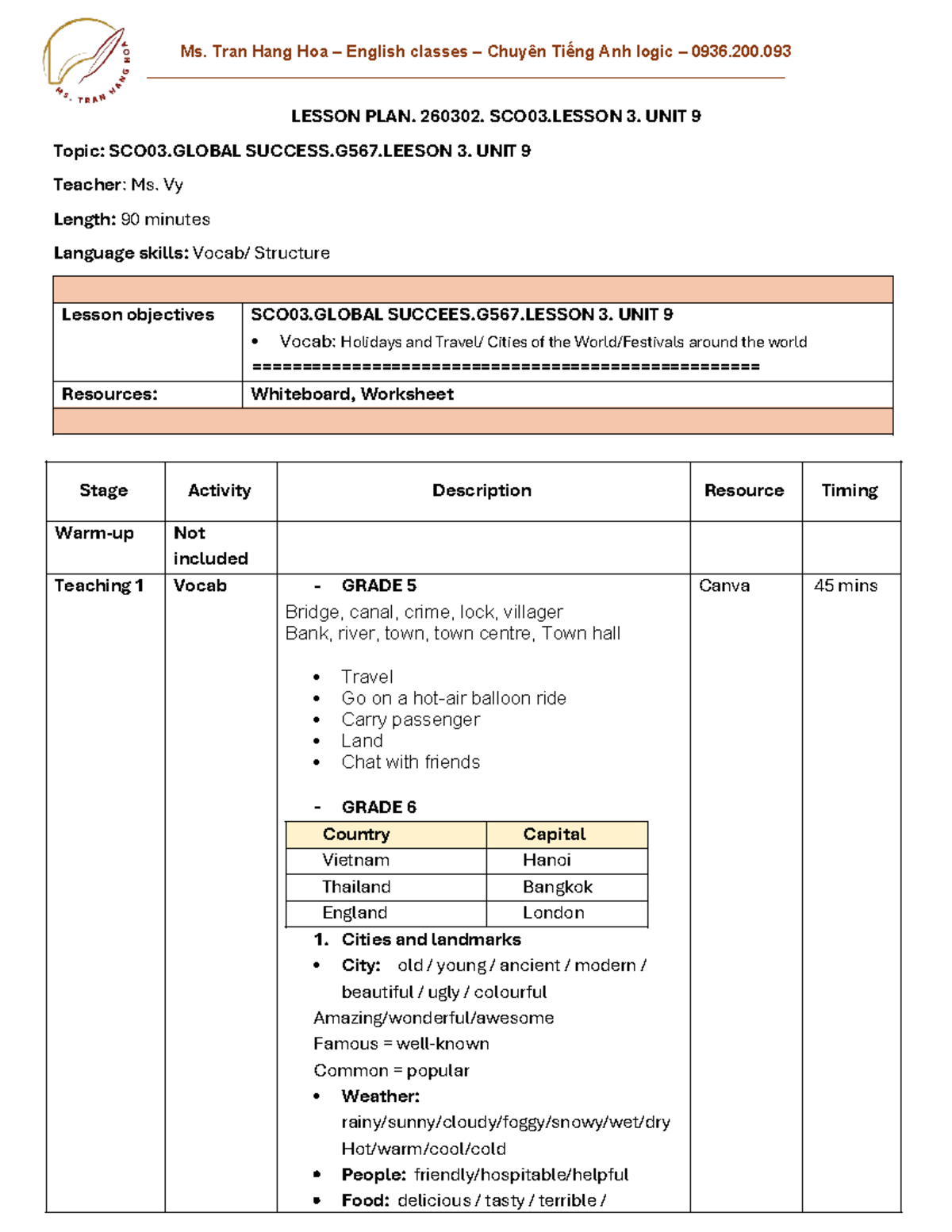 SCO03. Lesson Plan: Global Success Unit 9 - Ms. Vy's Class - Studocu
