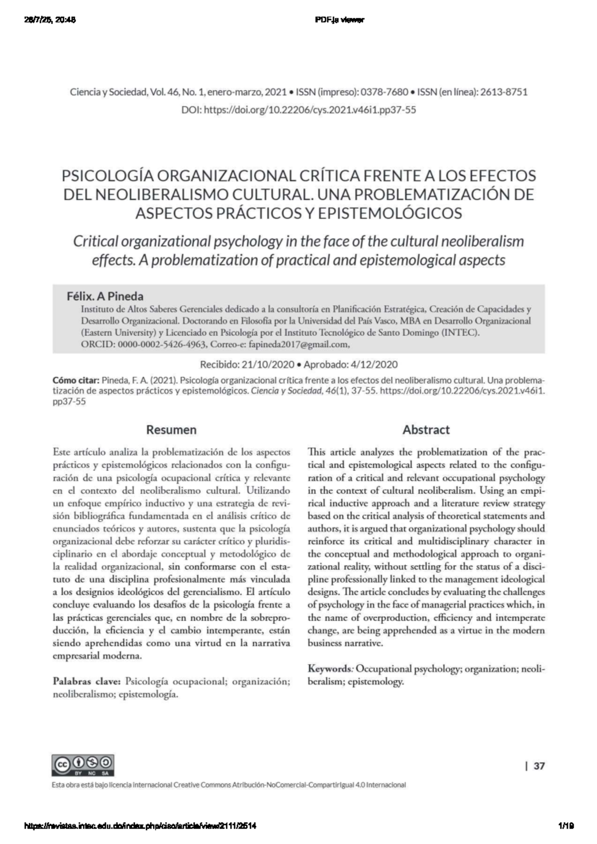 Psicología Organizacional Crítica: Efectos del Neoliberalismo Cultural ...