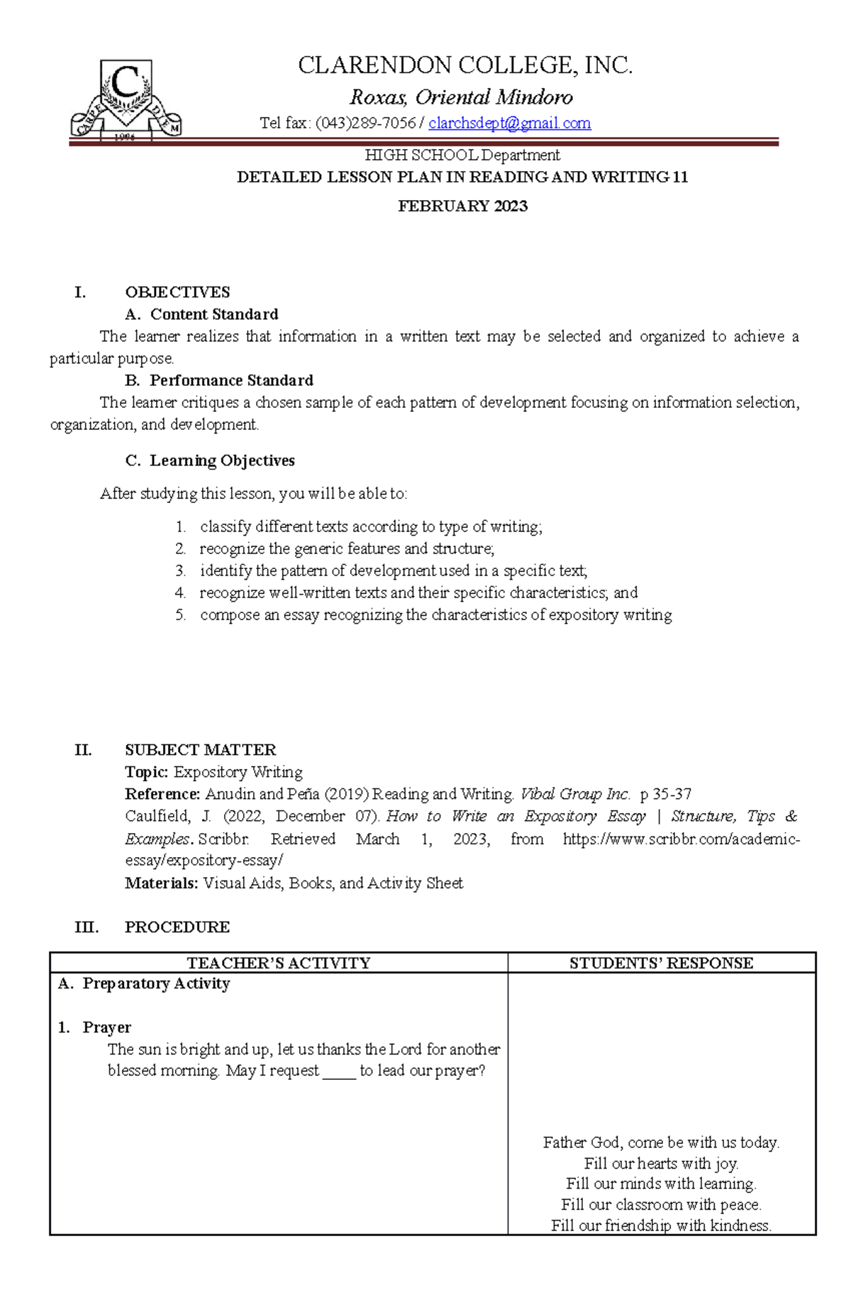 Detailed Lesson Plan on Expository Writing 3 - DLP - Studocu