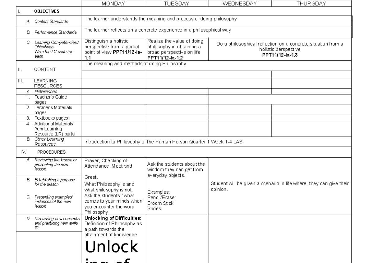 Intro to Philosophy Lesson Log - Grade 12, Q1 Objectives - Studocu