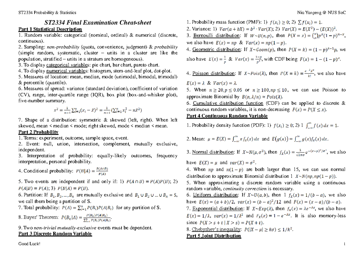 2334cheatsheet - Summary Probability and Statistics - ST2334 ...