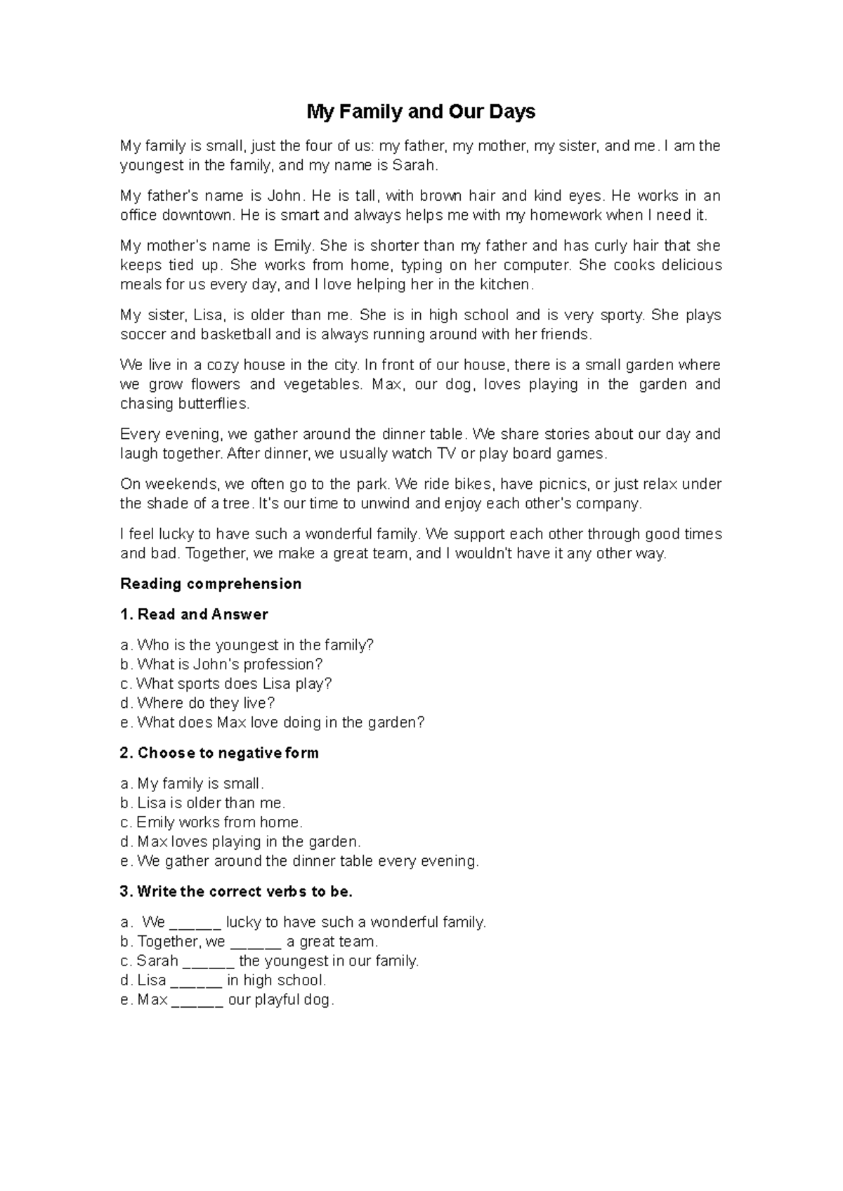 Family Dynamics and Activities: A Reading Comprehension Guide - Studocu