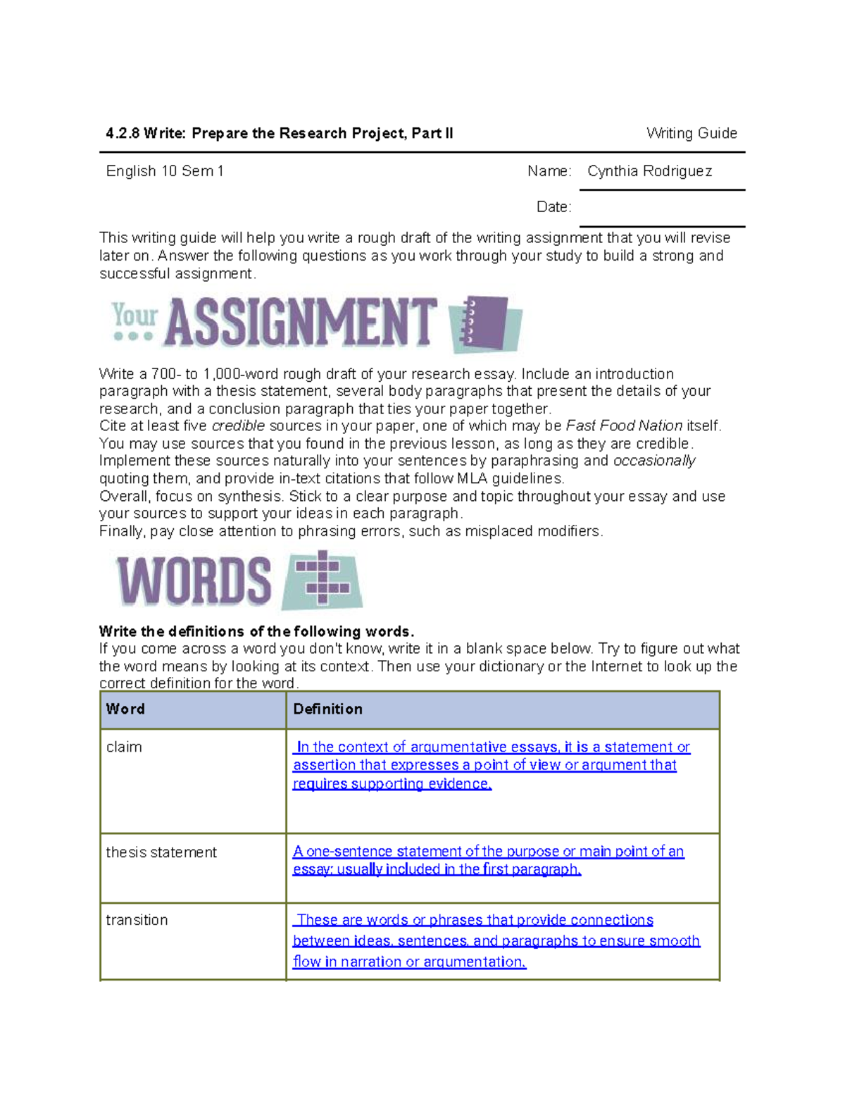 English 10 Sem 1: Research Project Writing Guide, Part II - Studocu
