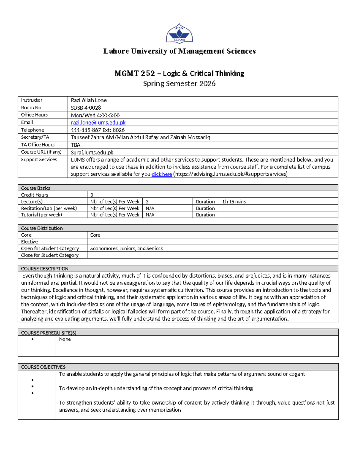 MGMT 252 Logic & Critical Thinking Course Outline - Spring 2026 - Studocu
