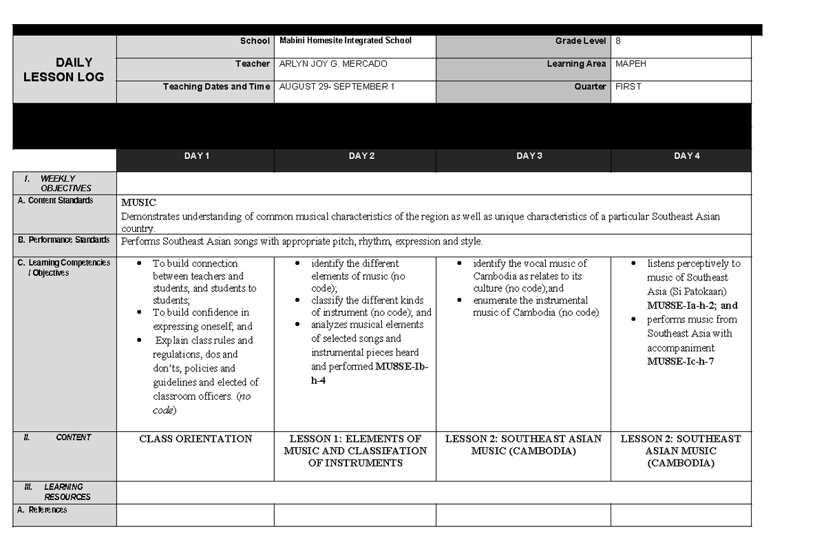 WEEK 1 MAPEH 8 DLL - DAILY LESSON PLAN (AUG 29 - SEPT 1) - Studocu