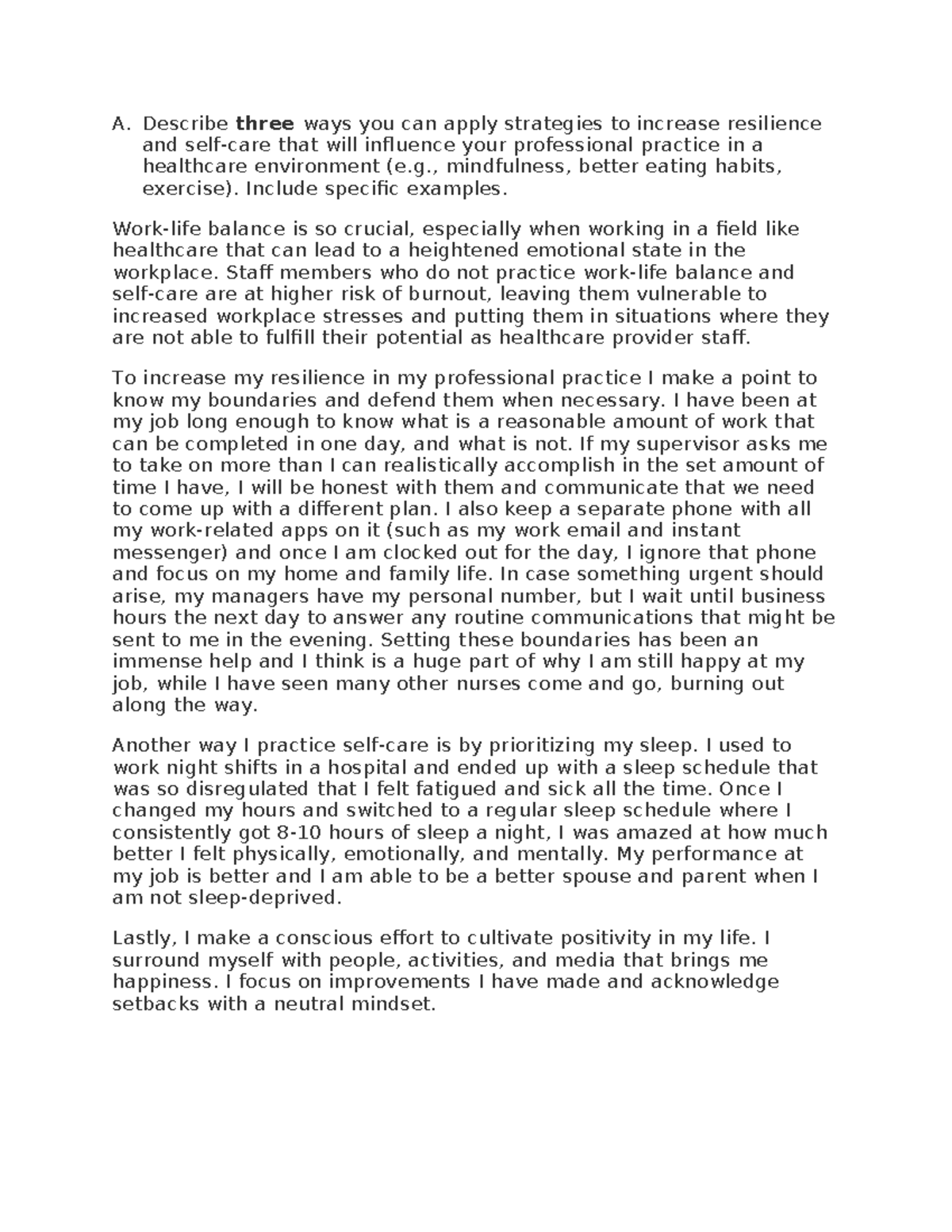 Personal Development Plan for BSN Coursework: Resilience & Self-Care ...