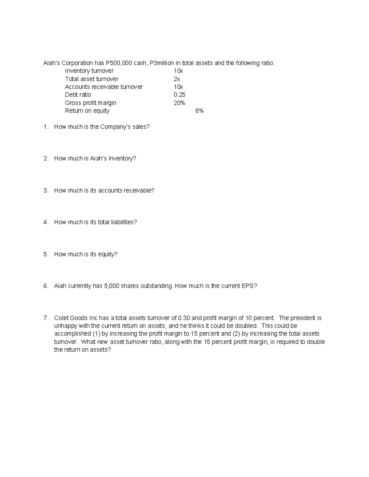 Finman FS Analysis Activity: Asset Ratios & Sales Calculations - Studocu