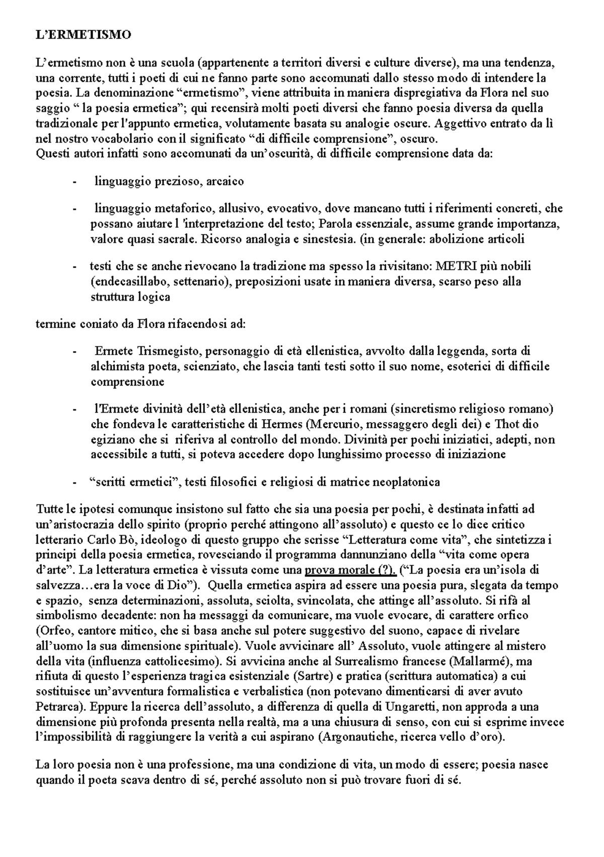 L'ermetismo: Riassunti e Spiegazioni (Corso di Letteratura) - Studocu