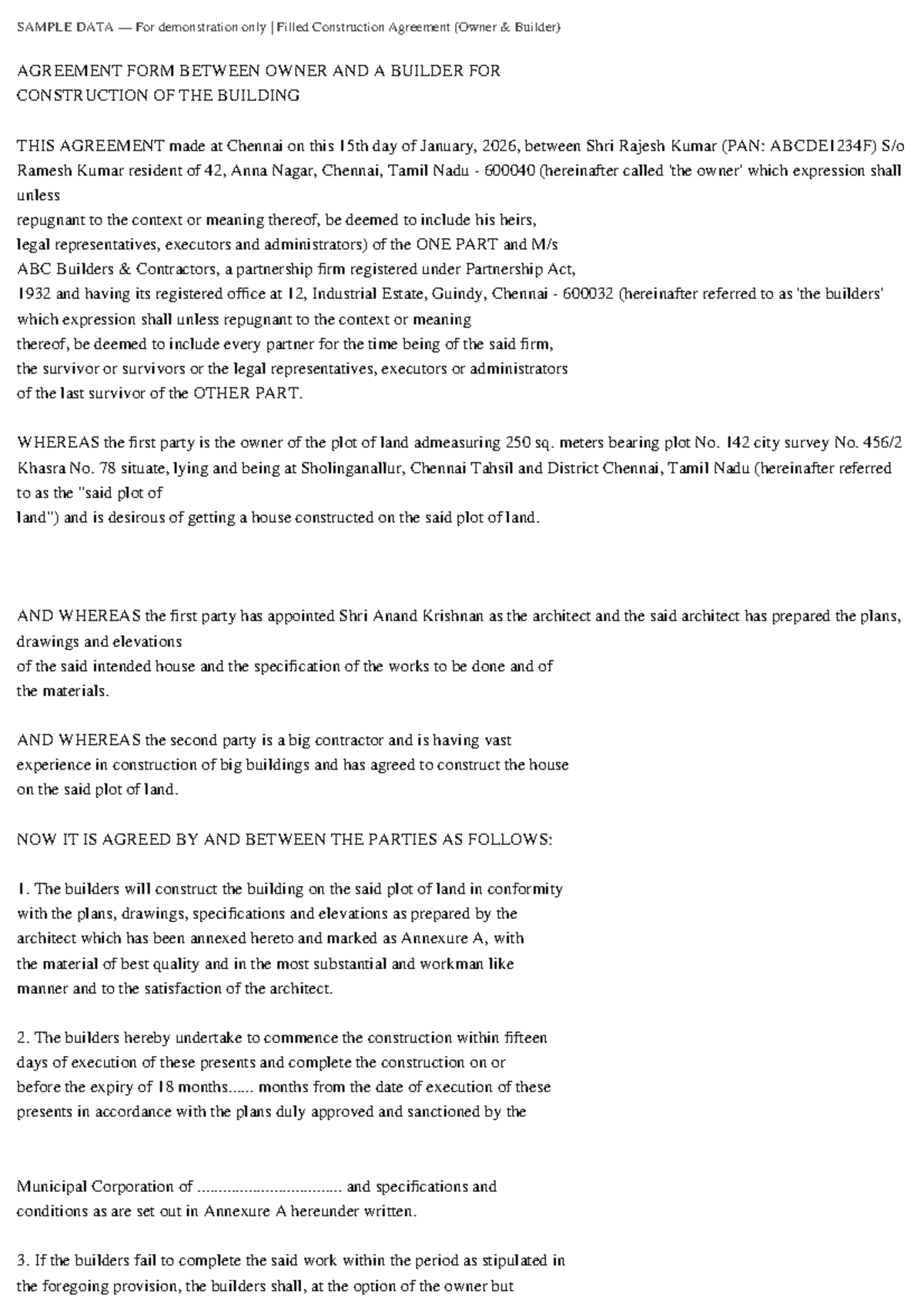 Filled Construction Agreement (Owner Builder) - ABC 1762 - Studocu