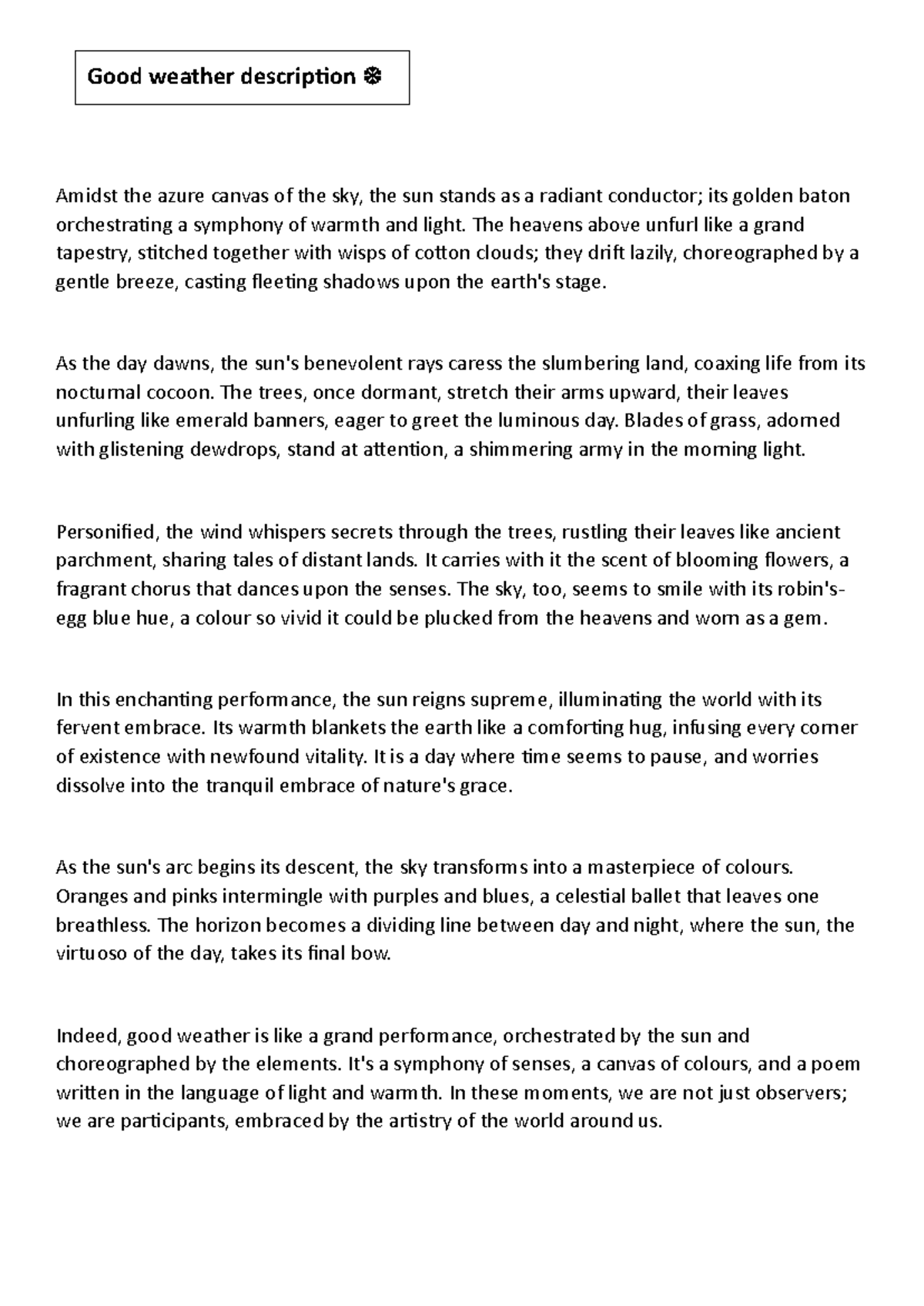 Grade 9 Weather Descriptions: Good vs. Bad Weather Revision - Studocu