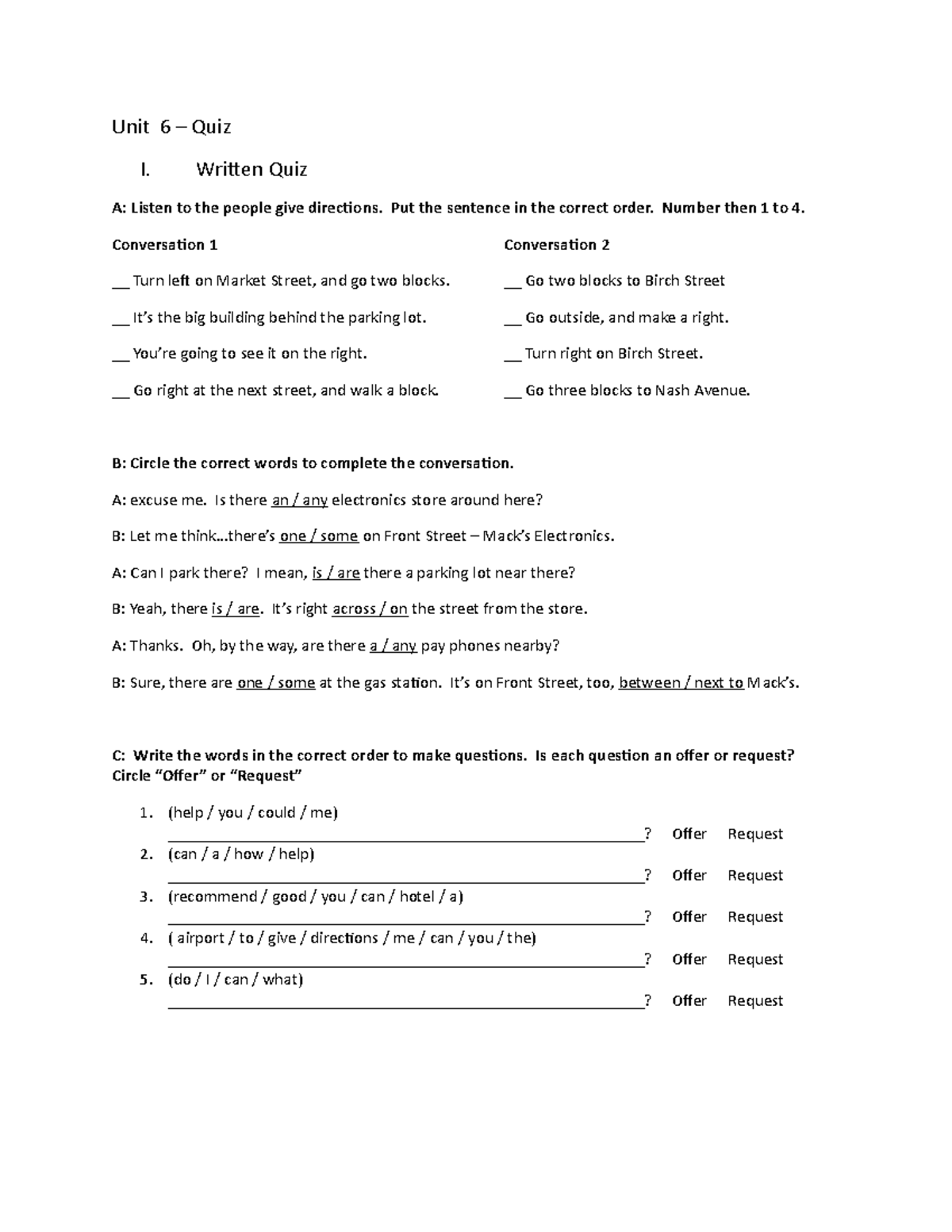 Unit-6-quiz Inglés respuestas - Unit 6 – Quiz I. Written Quiz A: Listen ...