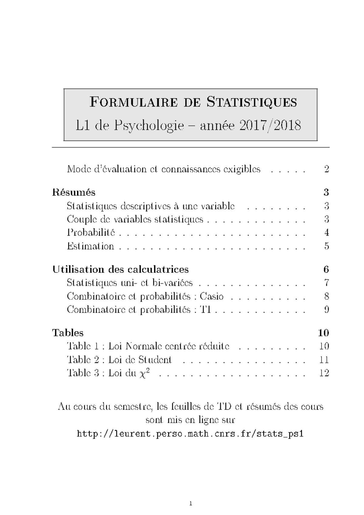 Formulaire de Statistiques L1 - Psychologie: Résumés et Calculs - Studocu